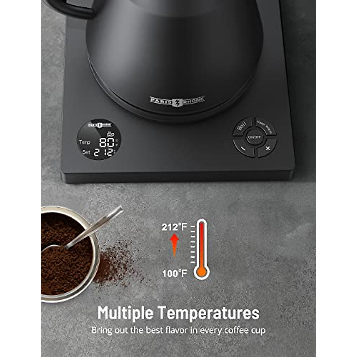 Paris Rhône Gooseneck Electric Pour-Over Kettle, Temperature Variable Kettle for Coffee Tea Brewing, 1L Stainless Steel Kettle, Temperature Holding, Built-in Stopwatch, Button Control, Black