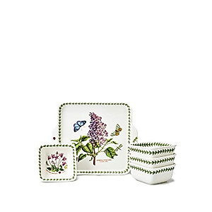 Portmeirion Botanic Garden 5-Piece Accent Bowl Set | 8 Inch Handled Plate with 3.75 Inch Square Bowls | Assorted Floral Motifs | Made from Porcelain | Microwave and Dishwasher Safe