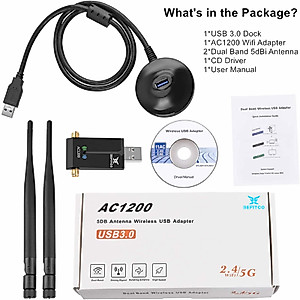 USB WiFi Adapter for PC, 1200Mbps USB 3.0 Dual Band 2.4Ghz/5Ghz WiFi Dongle with Dual High Gain 5dBi Antenna and USB3.0 Dock Wireless Network Adapter for Desktop/Laptop Supports Windows/Mac OS/Ubuntu