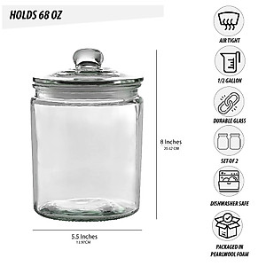 Set of 2 Glass Jar with Lid (2 Liter) | 1/2 Gallon Airtight Glass Storage Cookie Jar for Flour, Pasta, Candy, Dog Treats, Snacks & More | Glass Organization Canisters for Kitchen & Pantry | 68 Ounces (Set of 2)