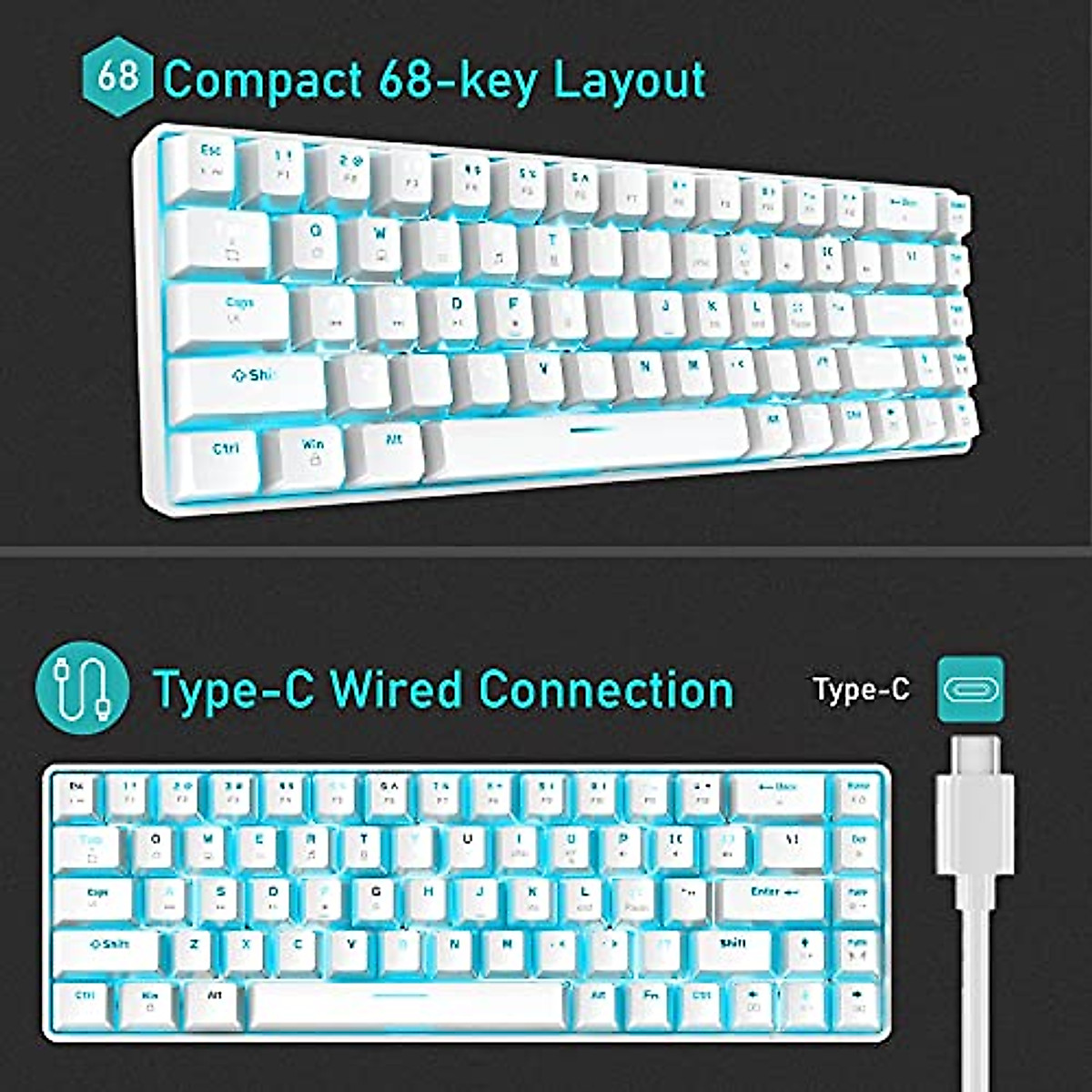 60% Mechanical Gaming Keyboard and Mouse Combo with Mini Ergonomic Anti-ghosting 68Key Multi Backlight 6400DPI Green Honeycomb Mice Type-C Wired for PC Mac Gamer Office Typist(White Blue/Blue Switch)