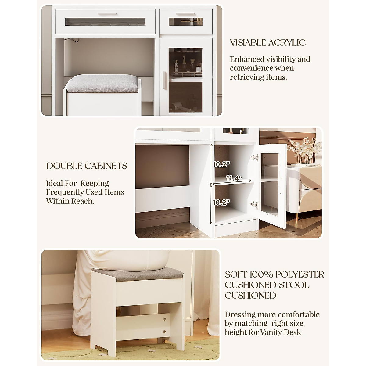 SECRET NATURAL Vanity Mirror with Lights Desk & Stool, Makeup Table Set with Drawers, Vanity Table for Bedroom with Storage Shelves & Acrylic Cabinet, 3 Lighting Modes Adjustable Brightness, White