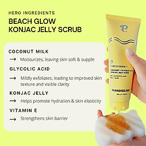 Gentle Exfoliating Scrub for Face & Body by ParadiseGal - Korean Skincare Set with Coconut & Glycolic Acid Jelly Scrub + Konjac Sponge & Bag - Ideal for Smoothing Rough Skin, KP, Cellulite