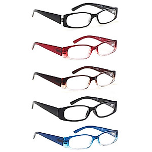 5 Pack Spring Hinge Reading Glasses Rectangular Fashion Quality Readers for Men and Women (5 Pack Mix, 3.0)
