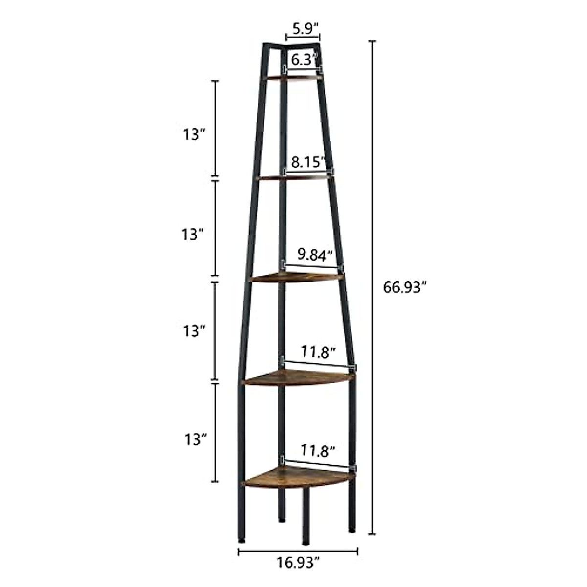 Hoctieon Corner Shelf, Industrial 5-Tier Corner Bookshelf, Rustic Corner Ladder Shelf, Corner Bookcase for Small Spaces, Bedroom, Living Room, Home Office, Kitchen, Balcony, Rustic Brown