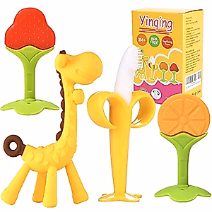 Baby Teething Toys, Silicone Baby Teether Soothe Babies Gums, Banana Toothbrushes, Fruit Shape Giraffe Teething Toys with Storage Case/Bpa-Free Teether Set for Toddler