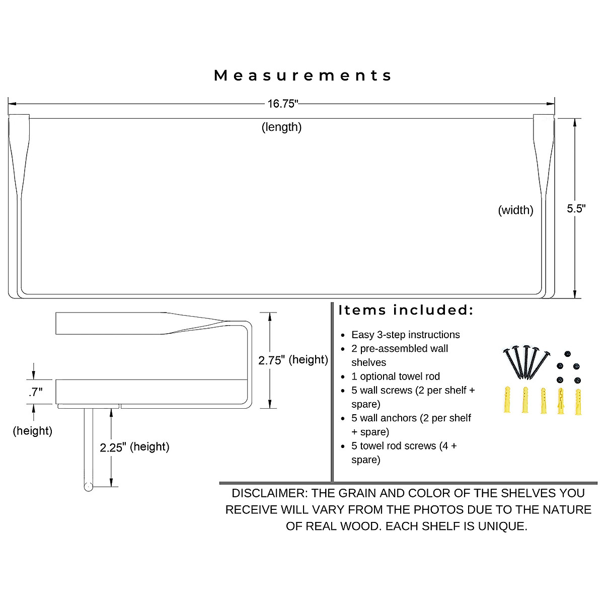 Peter's Goods Rustic Floating Wall Shelves with Rails - Decorative Storage for Kitchen, Bathroom, and Bedroom - Elegant, Modern Shelving - Torched Paulownia Wood, Matte Black Metal Frame - Set of 2