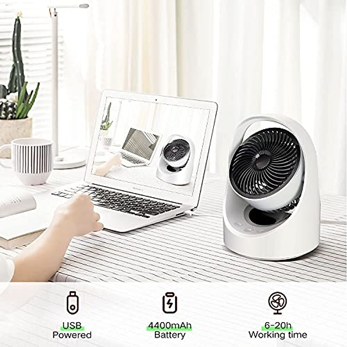 igogoi Air Circulator Fan，Rechargeable Desk Fan Small Oscillating Cordless Fan，Vortex Fan with LED Light 4 Speeds USB Powered Quiet Portable Table Fan for Home Office Bedroom