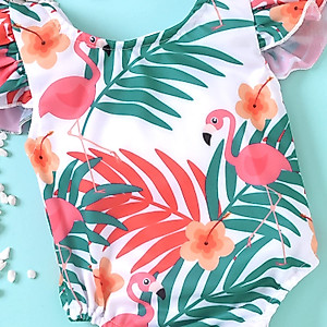 MINIFEIKO Toddler Baby Girl Tropical Swimsuit Newborn Girls One Piece Ruffle Bathing Suit with Headband Summer Bikini Swimwear for Infant Girls(Palm Leaf,12-18 Months)