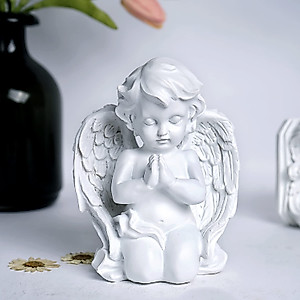 OwMell Kneeling Praying Cherubs Statue, Resin Baby Angel Figurine, Wings Angel Statue Memorial Cherub Sculpture for Home Decoration 6.3" - White