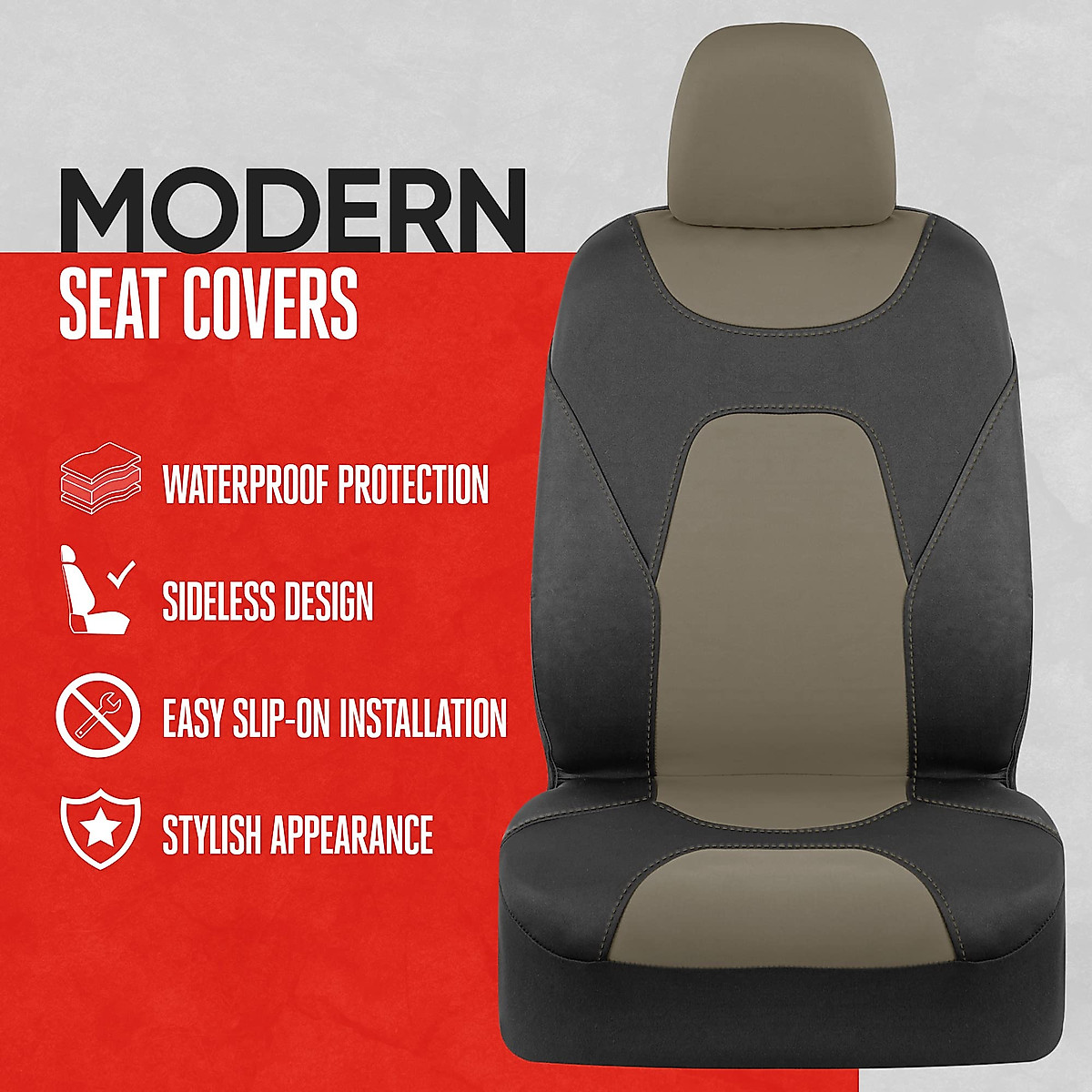 Motor Trend AquaShield Car Seat Covers for Front Seats, Beige – Two-Tone Waterproof Seat Covers for Cars, Neoprene Interior Covers for Auto Truck Van SUV