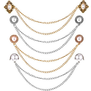 Vintage Sweater Shawl Chain Clips 4 Pcs Antique Cardigan Collar Holders Decorations Cardigan Clip Collar Pins Dress Sweater Collar Brooch for Women Christmas Halloween (Pearl Rhinestone)