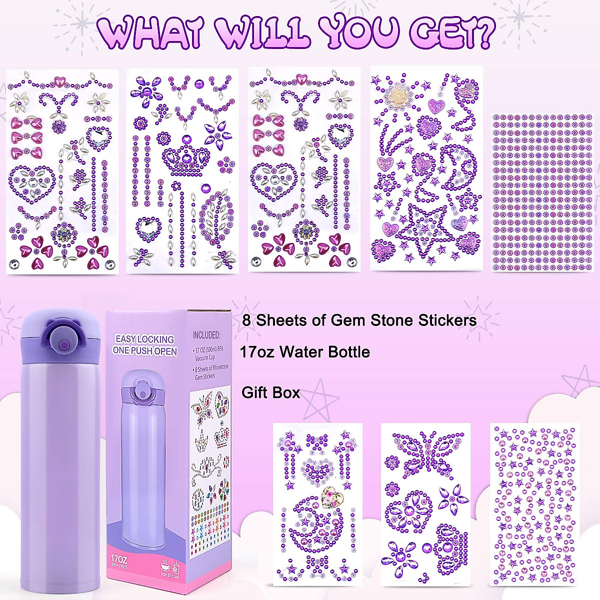 HULASO Valentines Day Gifts for Kids 7 Year Old Girls Decorate Your Own Water Bottles with Gem Stickers - DIY Gifts Arts and Crafts, BPA Free Stainless Steel Vacuum Insulated Mug (17 OZ)