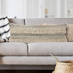 LR Home Tufted Farmhouse Throw Pillow, 14" x 36", Gray/Ivory