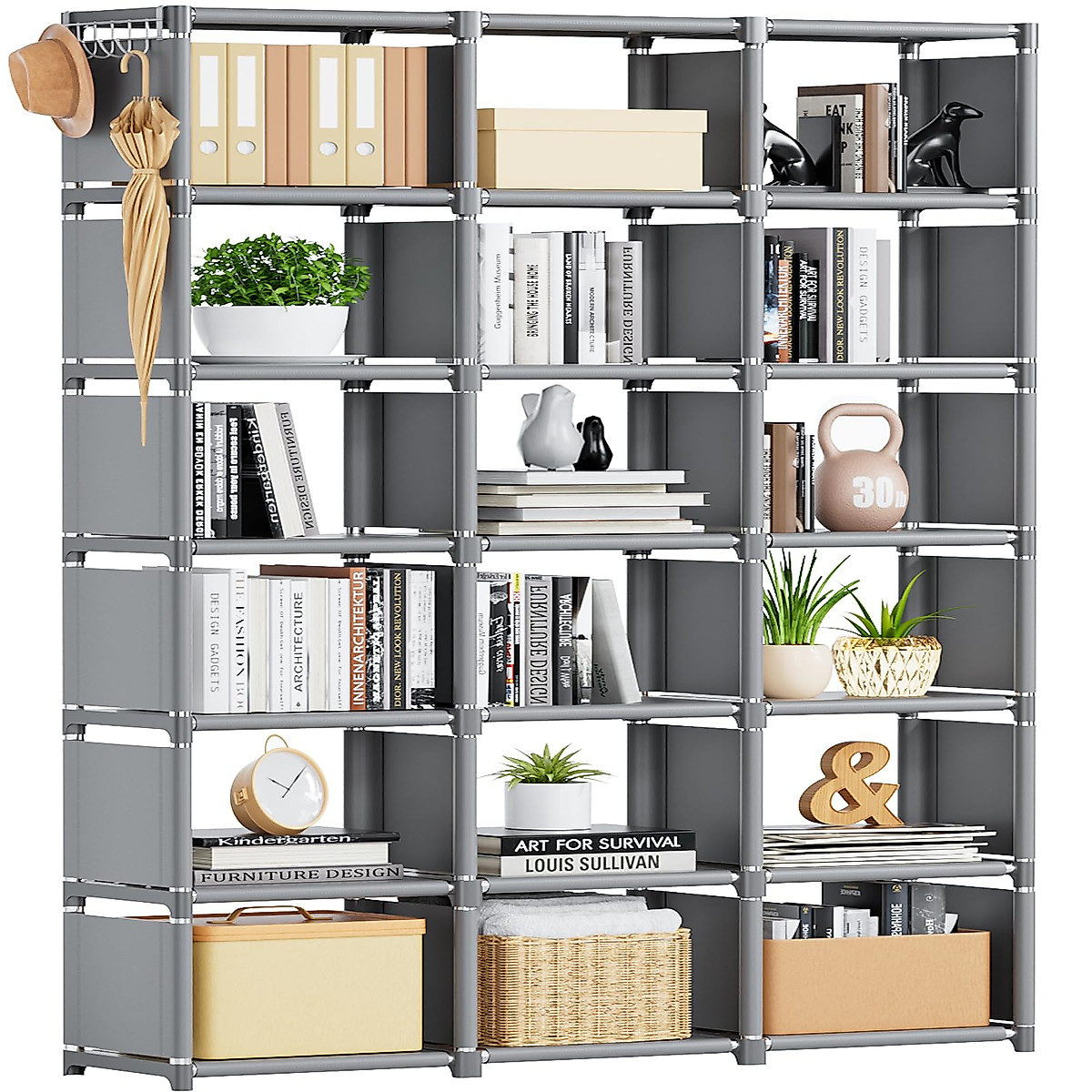 Mavivegue 9+18 Cube Modern Industrial DIY Bookcase, Metal Cubical Book Shelf, Tall Storage Organizer for Bedroom, Living Room, Office, Closet, Black Cubicle Storage Rack-Grey
