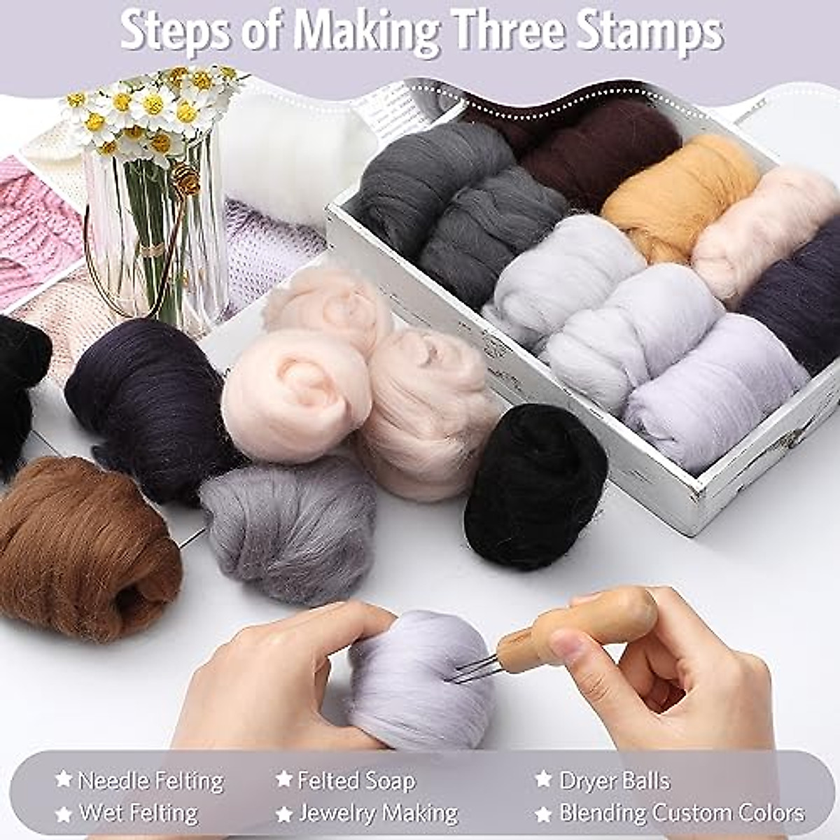 Preboun 156 Pcs Needle Felting Kit 240g Wool Needle Felting Roving Yarn Needle Felting Kit 8.46 oz Felted Animal Painting DIY Craft Supplies Tools Materials for Starter, 12 Colors 10g/Pack (Classic)