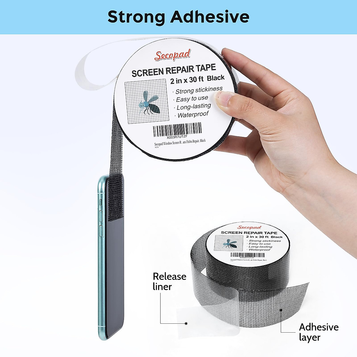 Secopad Black Window Screen Repair Tape, 2 in X 30 FT (360IN) Screen Repair Kit for Windows or Doors, Strong Adhesive Screen Patch Fiberglass Screen Tape Mesh Repair