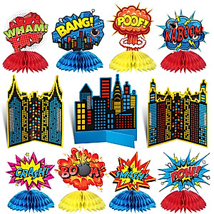 Funrous 11 Pieces Hero Party Decoration Hero Honeycomb Centerpieces 3D Hero Table Topper Paper Large Word Centerpieces Fun Hero Action Sign Standing Cards for Birthday Party Baby Shower Decor Supplies