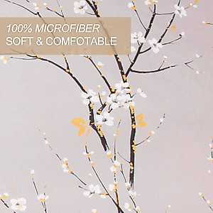 Nanko Queen Fitted Bed Sheet 80x60 Deep Pocket Mattress Tan Gray Plum Blossom Floral Cool Soft Lightweight Microfiber Bedding Set 2 Pillowcases 10 11 12 14 inch Grey Flower