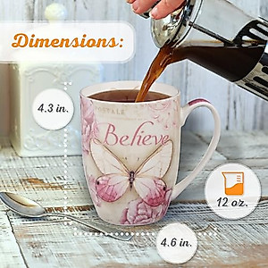 Christian Art Gifts Botanic Pink Butterfly Ceramic Coffee Mug – Inspirational Coffee Cup for Women & Men 12 oz. Lead-free Microwave and Dishwasher Safe Coffee Mug with Bible Verse: Believe - Mark 9:23