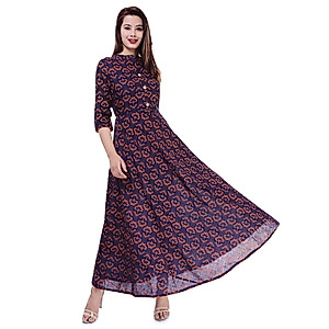 Ramkudi Indian Women's Printed Cotton Kurti Top (Blue-Brown)