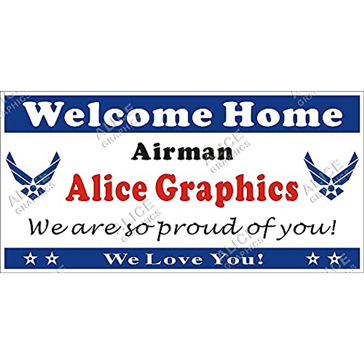 MUFGA Alice Graphics 22" X 44" Custom Personalized Congratulations Airman US Air Force Basic Military Training (BMT) Graduation Banner Sign or Welcome Home Banner (2 USAF Logos)