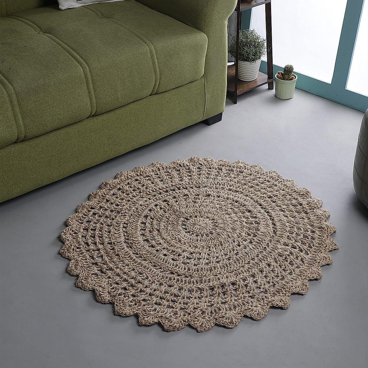 THE BEER VALLEY Jute Crochet Hand Woven Rug, 3' Round - Natural, Anti Slip Handmade Scalloped Small Accent Rugs for Patio, Kitchen Boho Décor - 3 Feet Round