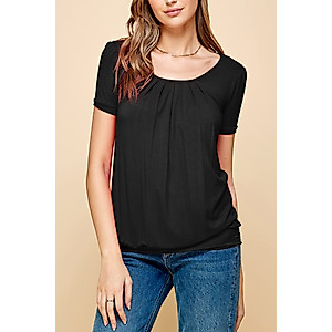 Made By Johnny MBJ WT1175 Women's Scoop Neck Short Sleeve Pleated Front Blouse Tunic Top XL Black