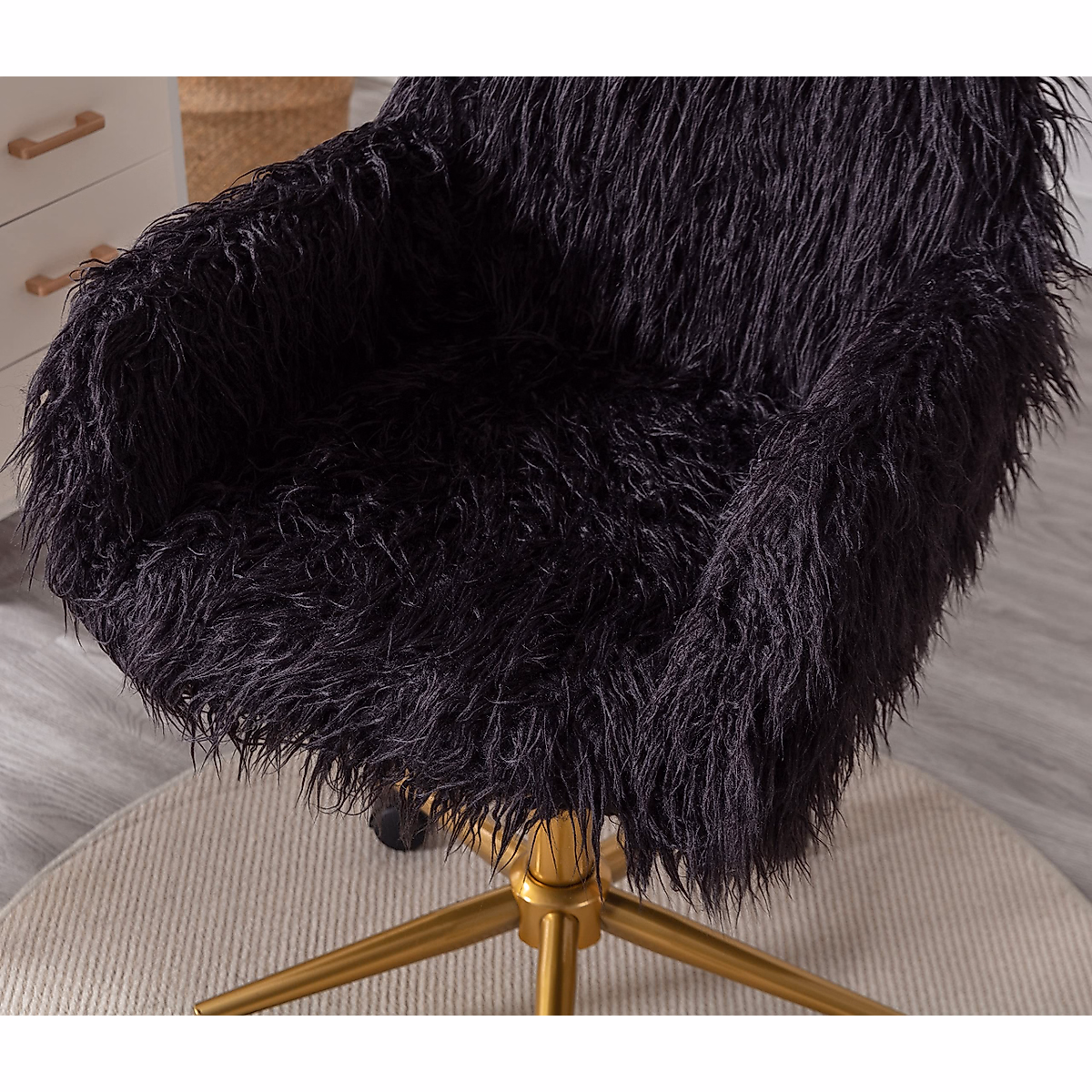 SSLine Faux Fur Vanity Chair Elegant Pink/White/Grey Furry Makeup Desk Chairs for Girls Women Modern Comfy Fluffy Arm Chair with Wheels in Bedroom Living Room (Black&Gold)