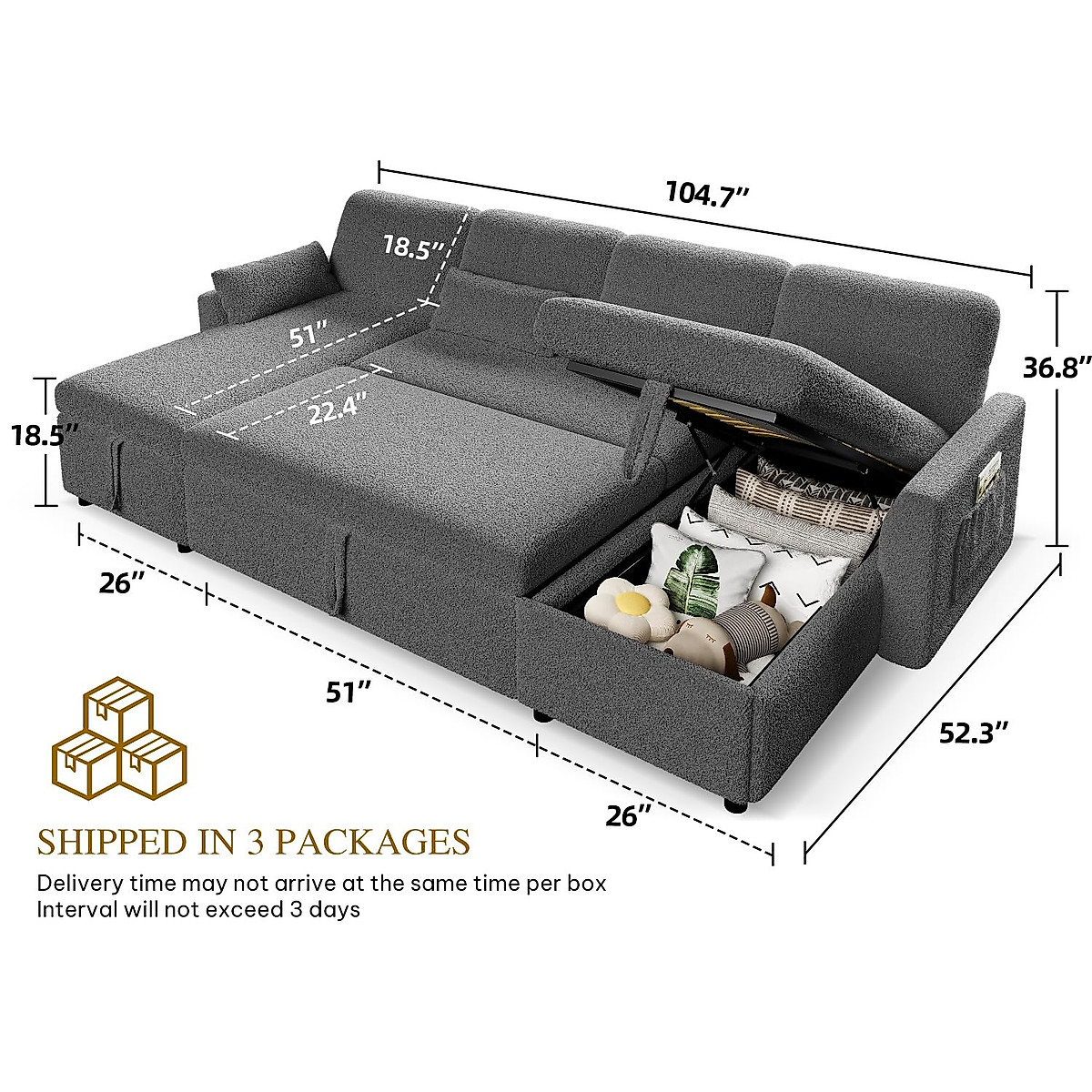 YITAHOME 105" Oversized Sleeper Sofa, 2 in 1 Convertible Sofa Bed with Pull Out Couch Bed and Dual Storage Chaise, U-Shape Sectional Sofa for Living Room, Teddy Fleece, Grey