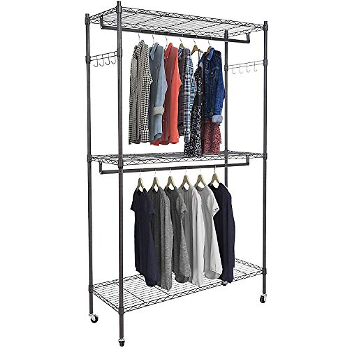 BATHWA Free Standing Closet Wire Shelving Clothing Rolling Rack Heavy Duty Garment Rack with Wheels and Side Hooks
