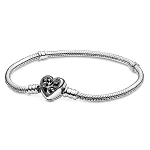 PANDORA Moments Family Tree Heart Clasp Snake Chain Bracelet, Size 18, No Box
