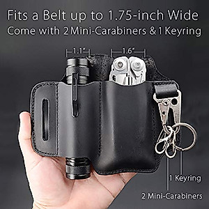 XXL EDC Leather Sheath, Leather Knife Belt Sheath Organizer, Tool Pouch Sheath for Most Leatherman Multitools, Key Ring Holder Fob, Holster for 5 inch Knives, Fit Most Tactical Flashlights. Black.