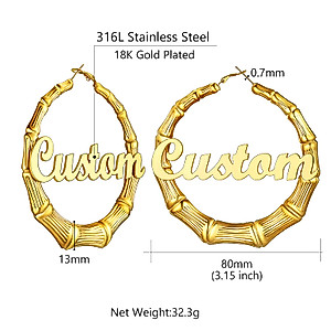 Custom4U Personalized Gold Hoop Earrings with Name Custom Bamboo Elegant Earrings Memory Jewelry Gifts for Women