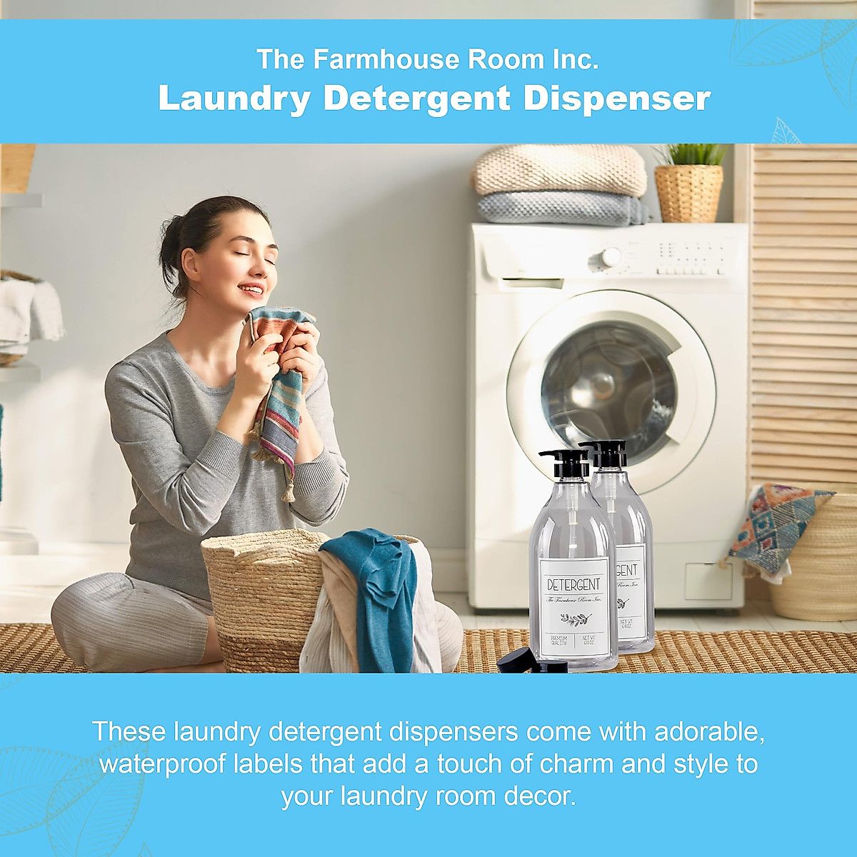 The Farmhouse Room Inc. Laundry Detergent Liquid Dispenser - Detergent Container for Laundry Room Organization - BPA Free & PET Plastic 1/2 Gallon Pump Bottle Dispenser - w/Waterproof Labels 64oz