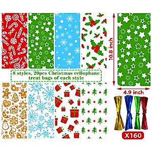 MISS FANTASY 160 Pack Christmas Cellophane Goody Bags with Twist Ties for Holiday Favors Treats Kids Xmas Treat 10.8'' x 4.9'' Small Bulk Plastic Treats Bag Christmas Cellophane Treat Bags