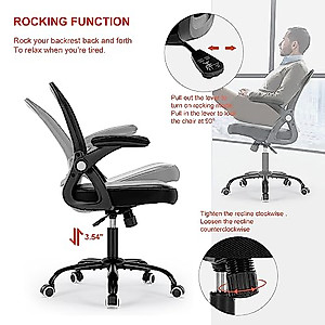 Office Chair,Ergonomic Home Desk Chairs,PU Leather Thick Cushion Mesh Office Chairs,Adjustable Executive Task Chair with Flip-up PU Armrests,360° Swivel Computer Chairs,Black
