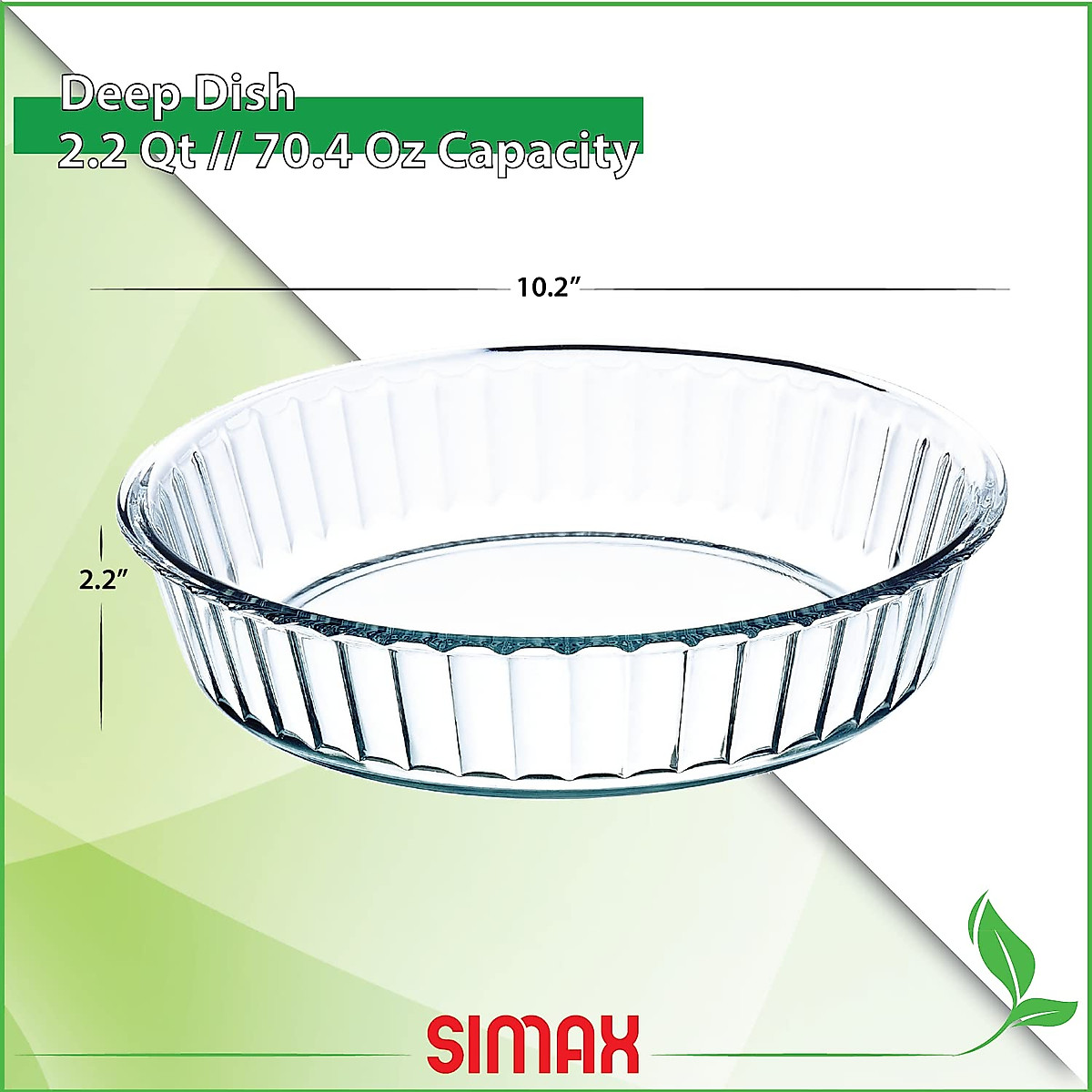 Simax Glass Pie Pan for Baking: Deep Round Pie Plate Dish Great For Apple, Pumpkin, Holiday Pies, etc. - Fluted Pie Holder - Oven Safe Tray - Borosilicate Glass Cake Tin - 10.25 Inch Large Diameter