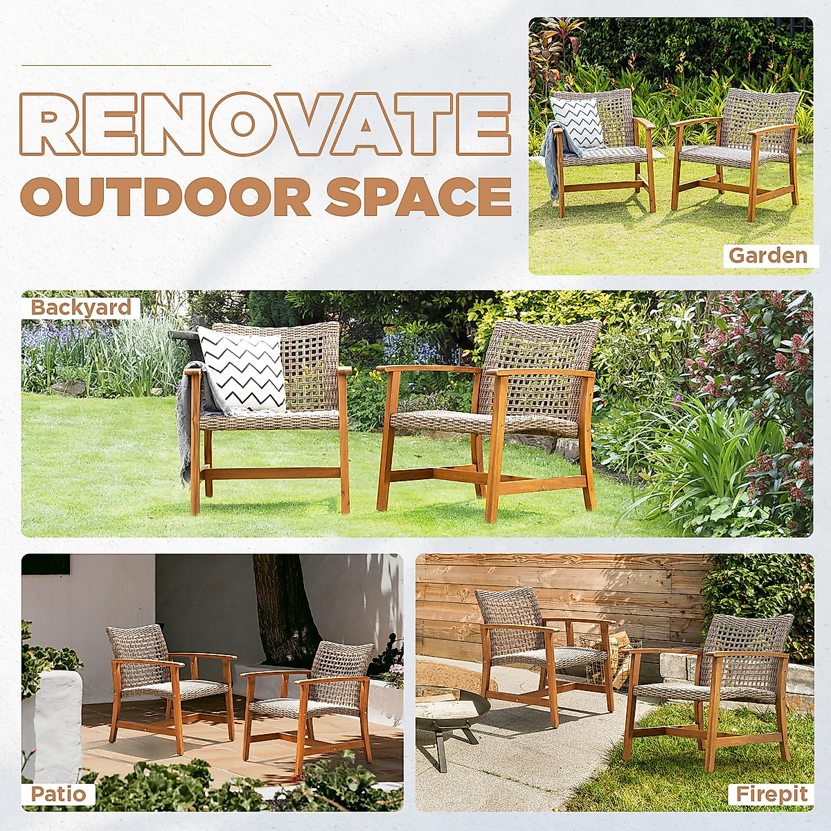 IDZO Liberte Accent Chairs Set of 2, 500lbs Weight Support, Acacia Wood, FSC Teak Finish, UV Protected, Dynamic Gray Wicker, Ideal for patios and Gardens