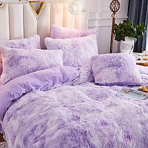 JAUXIO Luxury Abstract Faux Fur Bedding Set Tie Dye Printed Shaggy Duvet Cover with Pillow Shams Soft Crystal Velvet Reverse (Queen, Lilac)