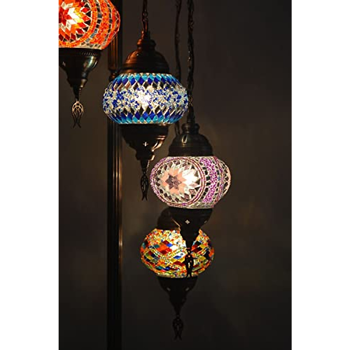 LaModaHome Handmade, Tiffany Style Glass, Turkish/Moroccan Lantern Ottoman Style Mosaic Floor Lamp (Red, 7 Globes)