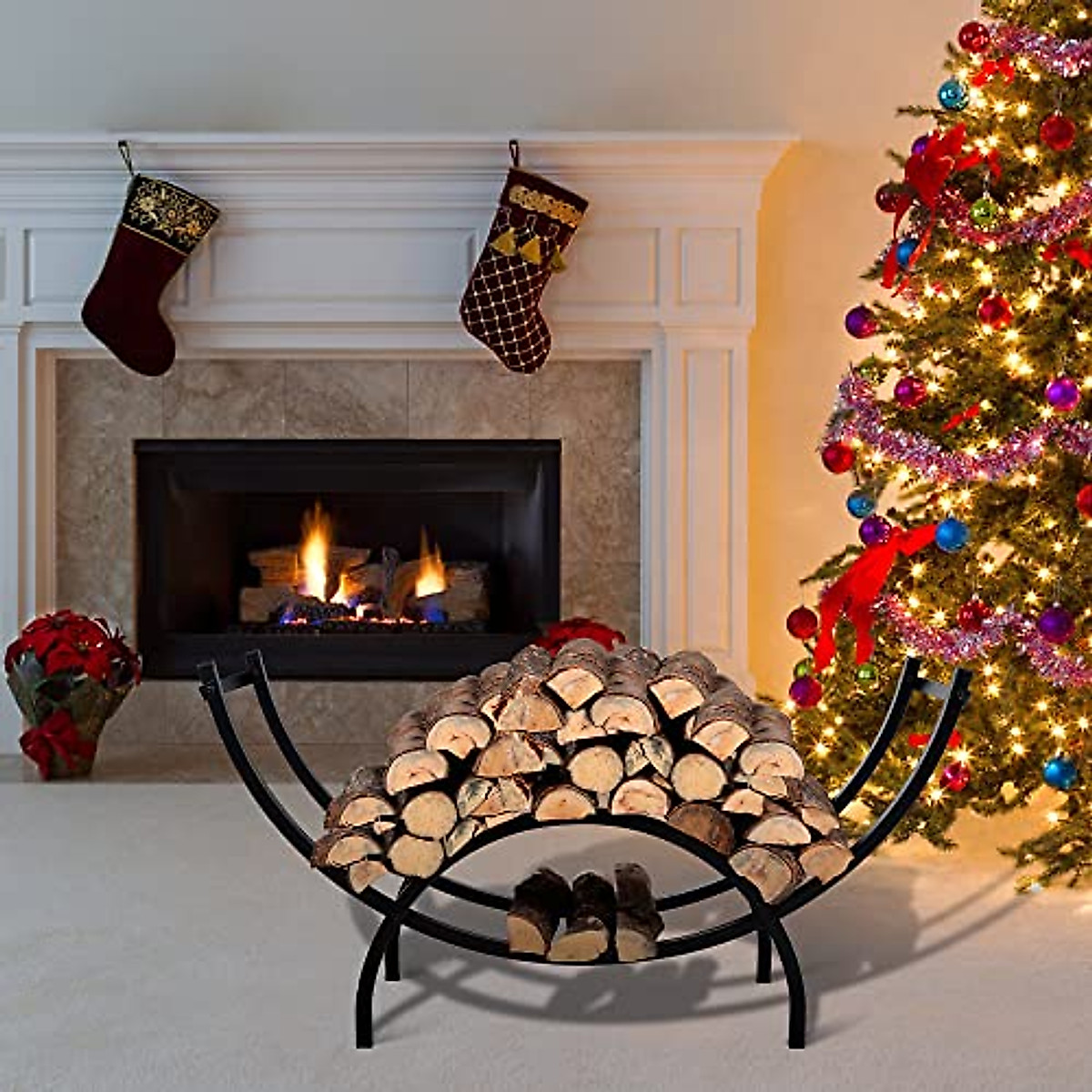 PHI VILLA 40 Inch Heavy Duty Large Curved Indoor/Outdoor Firewood Racks Log Hoop, Oval Base for Kindling Wood Storage Wood Stove Accessories, Black