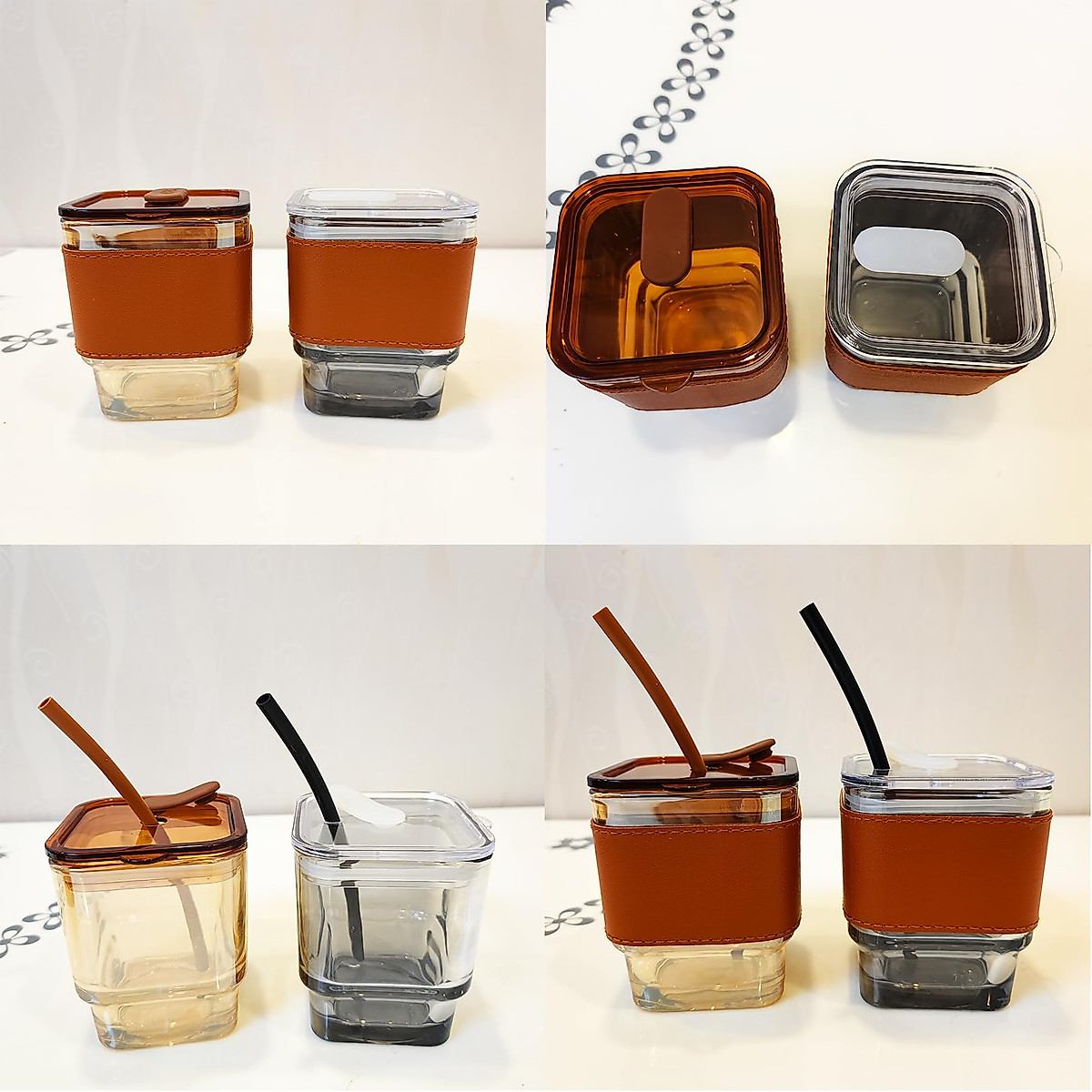 YULUDZSW Glass Cups With Lids And Straws, 16oz Coffee Cup, Hick Wall Glass Tumbler With Insulated Leather Sleeve Smoothie Cups,Travel Ready Coffee Tumbler/Couple Style Amber + Smoky Gray