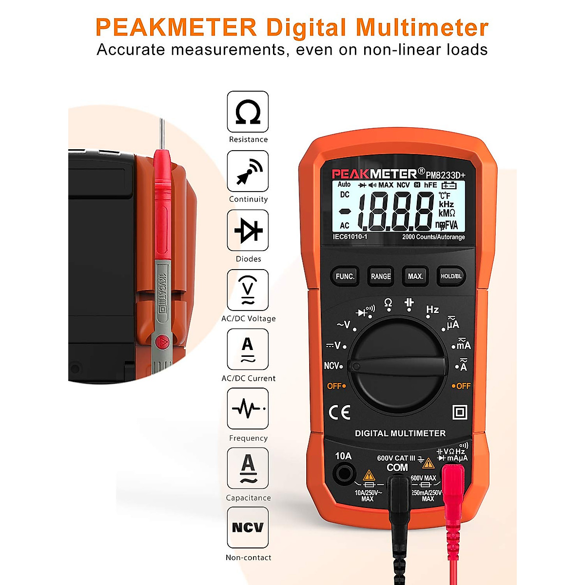 Auto-Ranging Digital Multimeter, AC/DC Amp Ohm Voltage Test Meter with Resistance, Continuity, Capacitance, Frequency and Diode Test; Multi Tester with Backlit Display, Data Hold and NCV