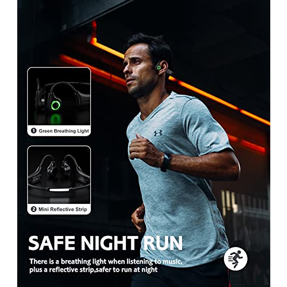 NAGFAK Bone Conduction Headphones Bluetooth Open Ear Running Headset Wireless with Mic Headphones Sport IP67 Waterproof Headphone Built-in 16GB Memory Cool Breathing Light