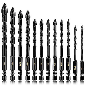 12-PCS Concrete Drill Bit Set & Masonry Drill Bit Set, Cement Drill Bits for Concrete Brick Wall, Tile Glass Ceramic, Masonry Drill Bit 1/8 to 1/2 inch Industrial Strength Carbide Cross Drill Bit Tip