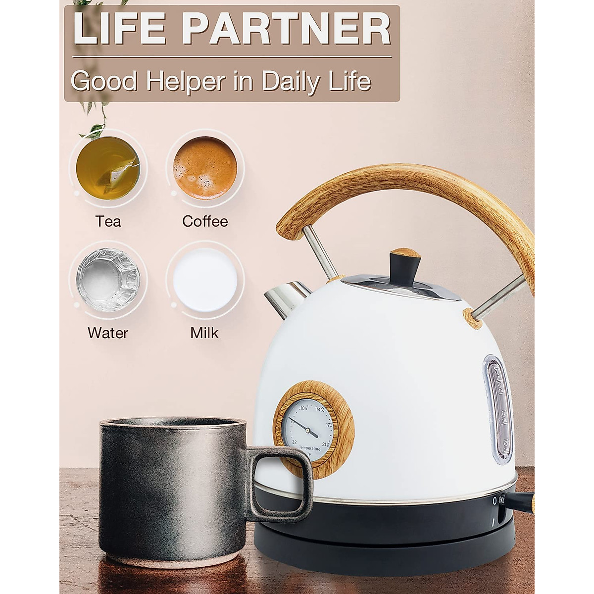 Electric Tea Kettle, Hot Water Boiler with Thermometer 1.7 Liter Stainless Steel Teapot, BPA Free, 1500W, SMOLON Wood Pattern Handle Pour-Over Electric Kettle with LED Indicator Auto Shut-Off, White