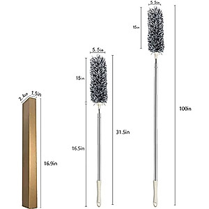RMAI Microfiber Duster with Extension Pole(Stainless Steel), 100’’ Extra Long Extendable Cobweb Dusters, Bendable Scratch Resistant Duster for Cleaning High Ceiling Fan, Cars(Gray)
