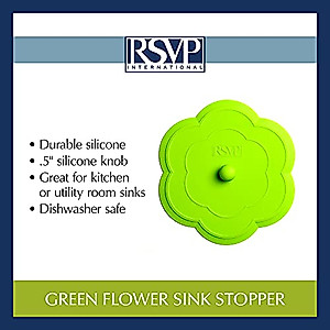 RSVP International Green Silicone Flower Kitchen Stopper, 6" | Sink Plug | Water-Tight Seal | Durable Silicone Withstands Hot Water | Dishwasher Safe