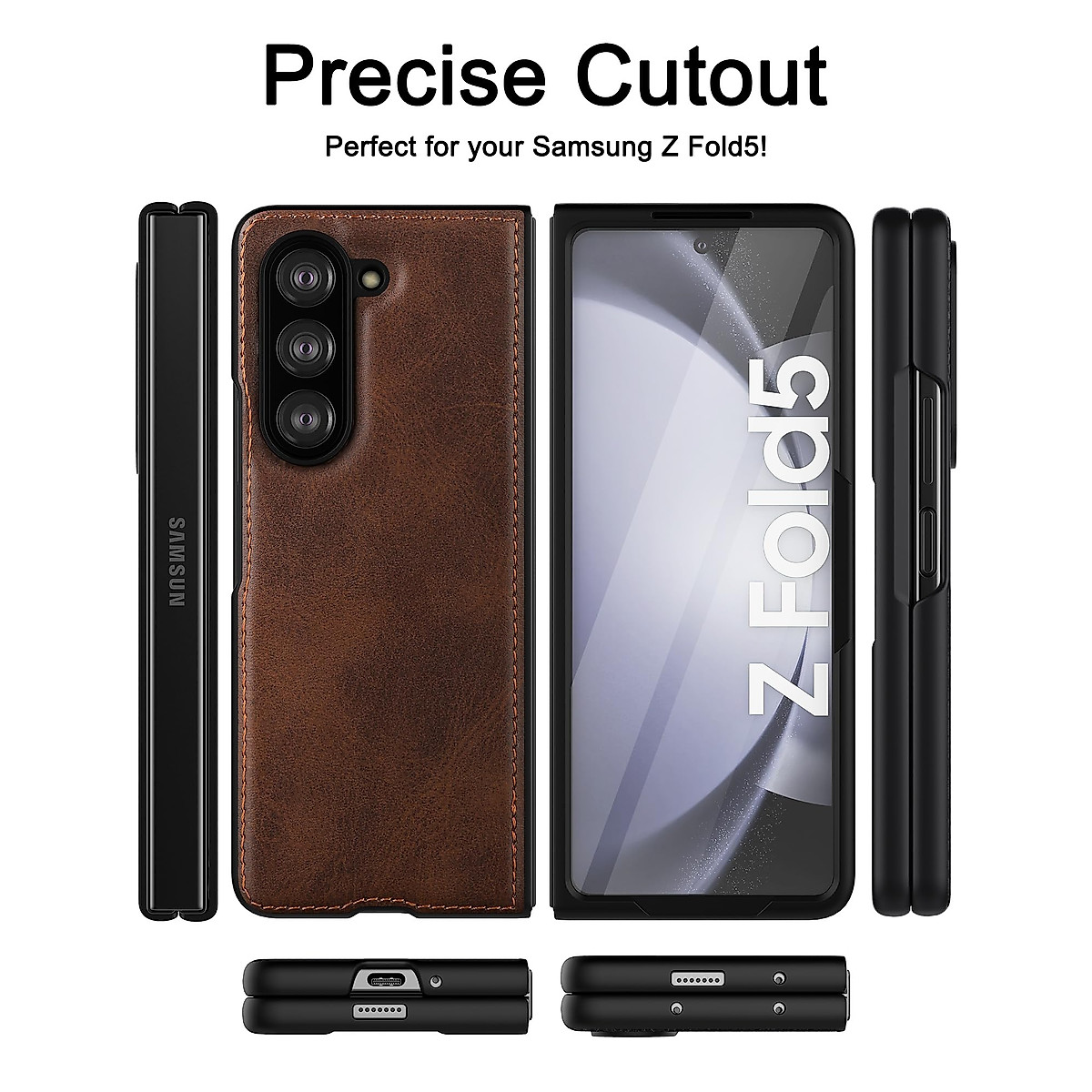 Foluu Case for Samsung Galaxy Z Fold 5, with Front Built-in Screen Protector, PU Leather + Hard PC Shell Ultra Thin Slim Durable Protective Phone Cover for Samsung Galaxy Z Fold5 5G 2023 (Brown)